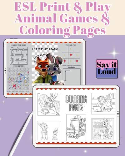 ESL Print & Play Animal Games & Coloring Pages by Say it out loud