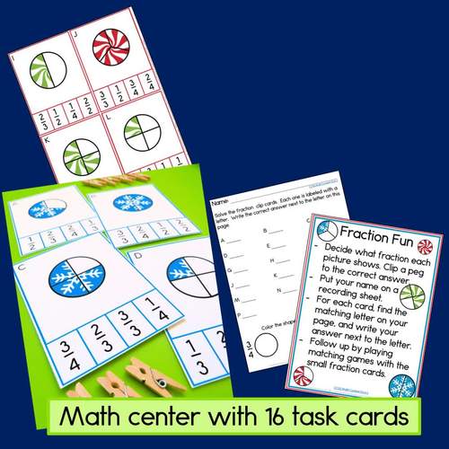 Winter Fractions Task Cards | Identifying halves thirds fourths | TPT