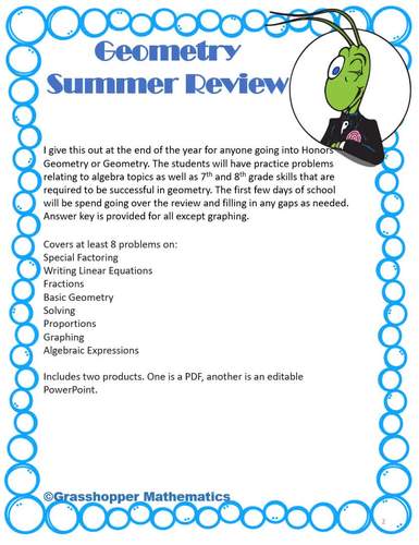 Geometry Summer Review of Algebra 1 Packet EDITABLE | Back to School Review