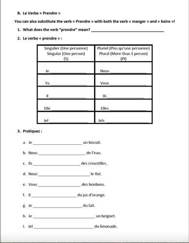Les Verbes "Boire" and "Prendre" by Core French One Stop Shop | TPT