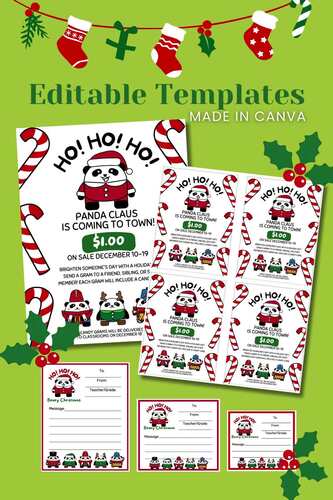 Panda Theme Christmas Candy Cane Grams | Editable Holiday Fundraiser ...