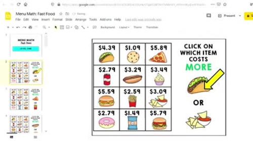 Life Skills - Menu Math - Money - Budget - Dollar Up - GOOGLE - Unit 2