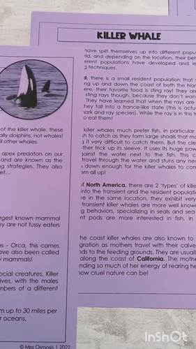 Science Reading Comprehension Killer Whale by Miss Osmosis | TPT
