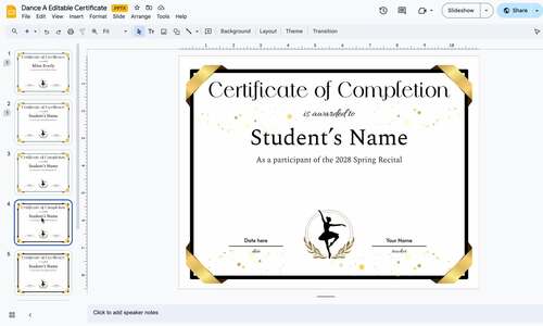 Editable Customizable Dance Recital Concert Certificate Awards Template