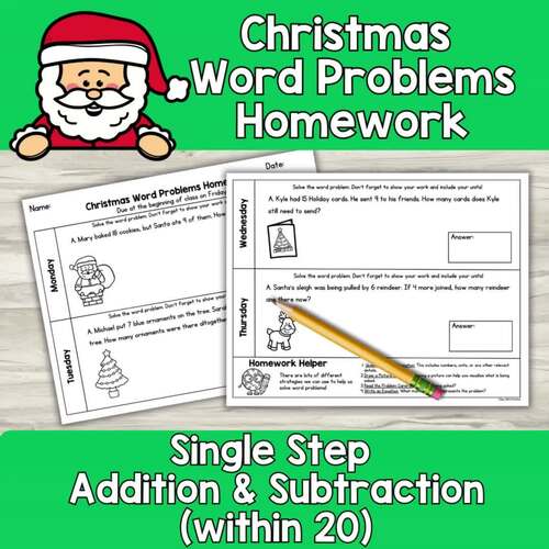 Christmas Single Step Word Problems Addition & Subtraction Within 20 ...