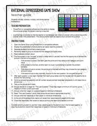 Simplifying Rational Expressions Game Show Activity by Math Beach Solutions