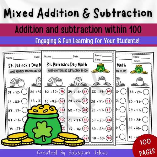 St. Patrick's Day Math | Mixed Addition & Subtraction to 100 for 1st ...