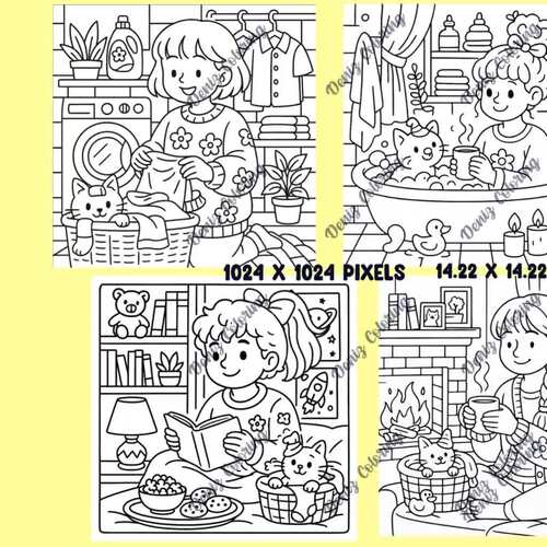 Cozy Girl Moments Coloring Pages for Adults and Teens, Relaxing Aesthetic
