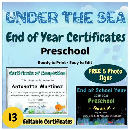 Preschool Under the Sea End of Year Awards & Certificates | Editable Set
