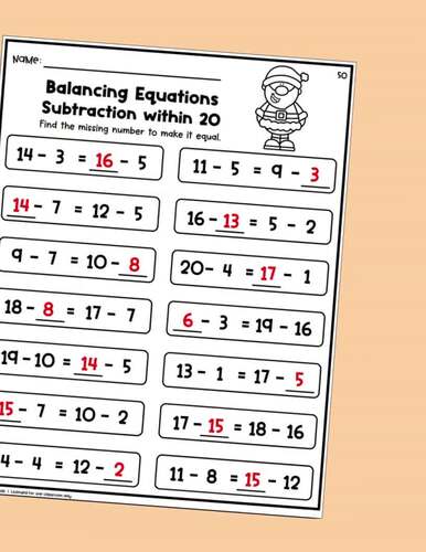 Santa Balancing Equations Subtraction Within 20 No Prep Christmas Math ...