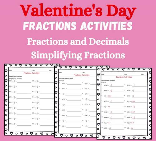 Valentine's Day fractions activities Simplifying, Fraction To Decimal ...