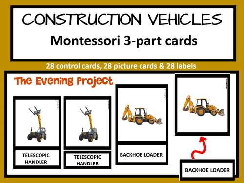 CONSTRUCTION VEHICLES Montessori 3-part cards with real photographs