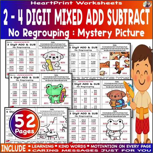 2 3 4 digit addition & subtract No regrouping : Back to School Mystery ...