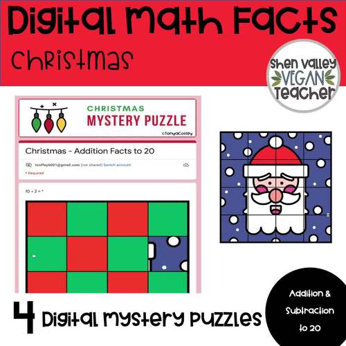 4 Mystery Puzzles Digital Math Facts CHRISTMAS Addition & Subtraction to 20