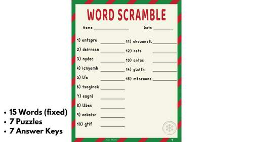 Christmas Word Scramble | Medium Classroom | 7 Sets, 15 Words (Grades 3–4)