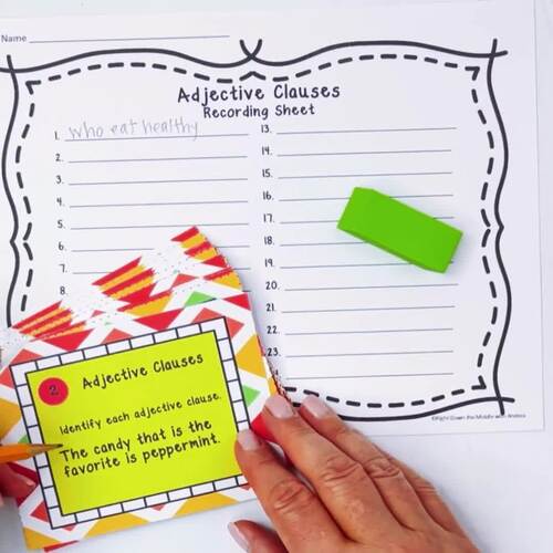 Adjective Clause Task Cards by Right Down the Middle with Andrea