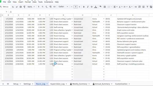 BCBA Fieldwork Tracker Google Sheets Template Single Supervisor Hours ...