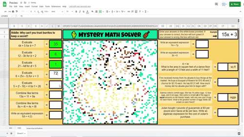 Cinco de Mayo - Algebra Expressions - Digital Math Activity - Pixel Art