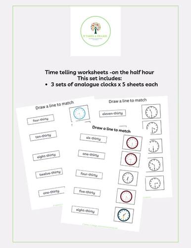 Time telling worksheets-to the HALF hour - analogue clocks | TPT