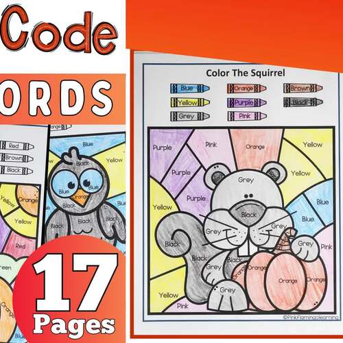 Fall Coloring Color By Code Using Color Words by Pink Flamingo Learning