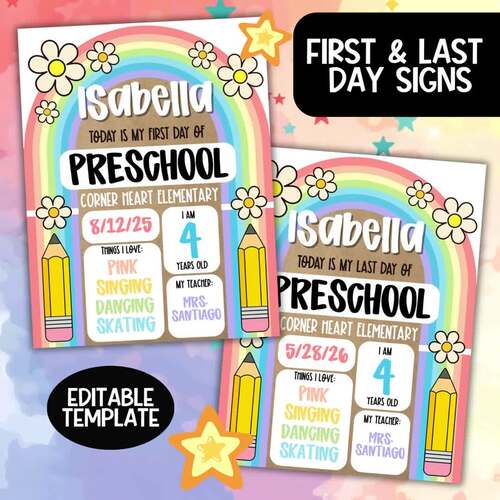 First Last Day of School Sign Template, Reusable Rainbow Back to School ...