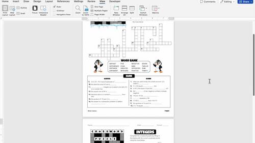 6th/7th Grade Math Winter Fun Worksheet Activity: Crossword (Integers ...