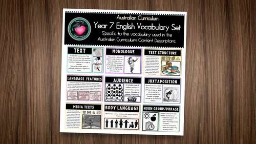 Year 7 English Vocabulary Set Australian Curriculum by For the love of it