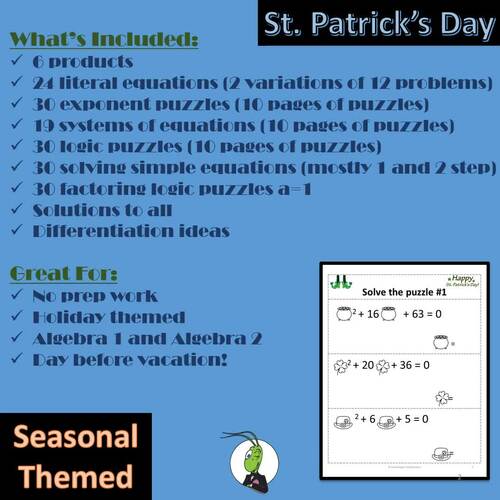 St. Patrick's Day Logic Puzzles | Algebra: Integers, Solving, Factor ...