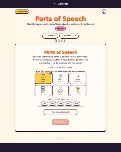 Digital Grammar Game Nouns Verbs Adjectives Adverbs Pronouns Grades 4 5 ...