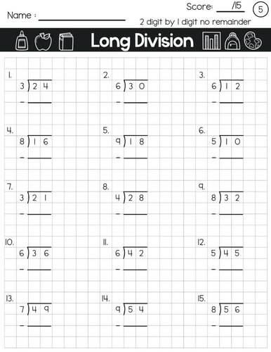 2 Digit by 1 Digit Long Division No Remainder Worksheets | 4th Grade Math