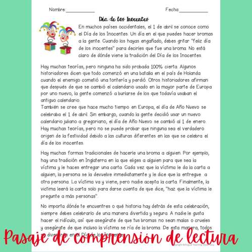 Día de los Inocentes Comprensión a la lectura by Bilingual Teaching ...