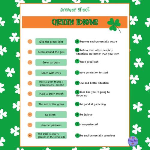 Idioms worksheets & game, (green), 4th - 12th grade, EFL/ESL, St ...