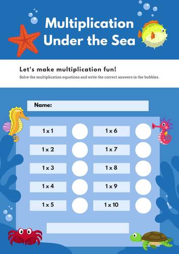 16 pages - Blue Illustrative Under the Sea Multiplication Table Games ...