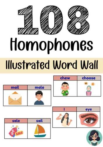 108 Homophones Illustrated Word Wall by Jennifer Yung | TPT