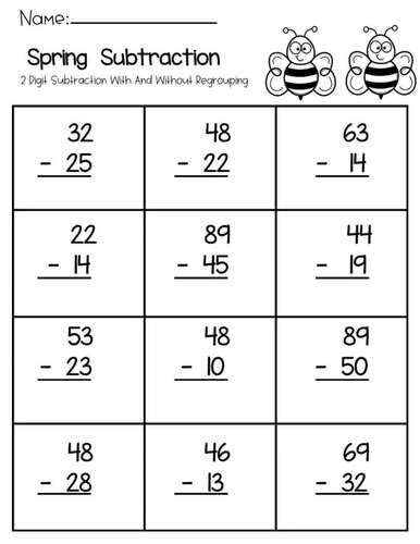 2 Digit By 2 Digit Subtraction Without And With Regrouping Theme Spring