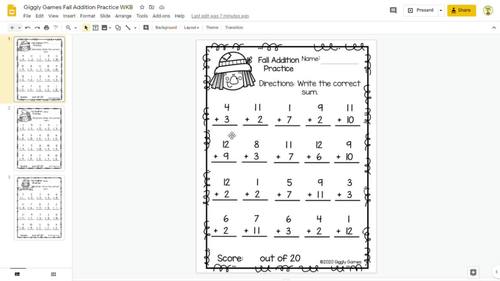 Giggly Games Fall Addition Mini Workbook Print & GOOGLE SLIDES Distance ...