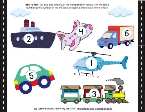 TRANSPORTATION MATH Roll and Cover DICE GAME - NUMBER RECOGNITION AND ...