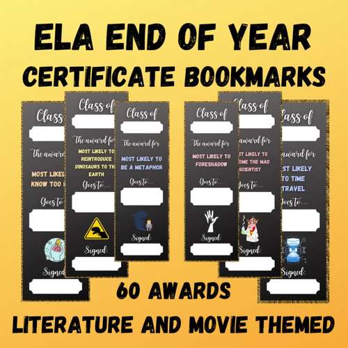 60 EDITABLE End of Year ELA Certificate Bookmarks Keepsakes ELA Awards