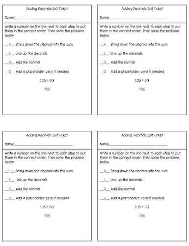 Adding Decimals Practice Pages and Exit Ticket by The Adira Teacher