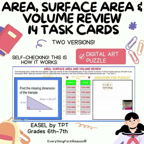 Area, Surface Area and Volume Review 14 TASK CARDS - Printable and Digital