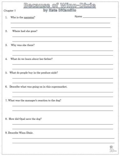 Because of Winn-Dixie Chapter Reading Response Questions by JK Learning ...