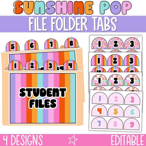 Retro Editable File Tabs, Rainbow Student Data File Folder Covers, Groovy