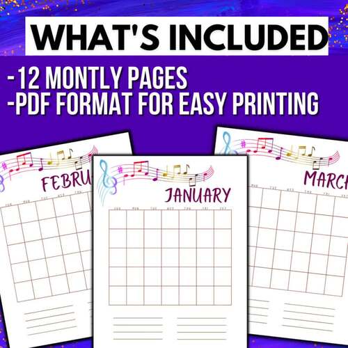 Monthly Music Classroom Calendar → PRINTABLE 12 Month Calendar [Themed ...