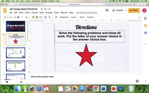 4th Grade Math STAAR Interactive Practice #3 (Digital- Google Slides)