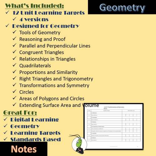 Geometry Learning Targets Spreadsheet for Standards Based Grading