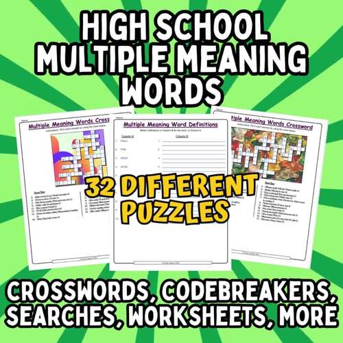 High School Multiple Meaning Words Vocabulary Puzzles and Worksheets