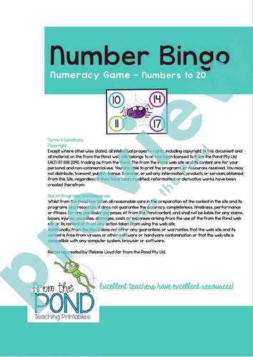 Numbers to 20 Math Game - Silly Spider Bingo Number Match by From the Pond