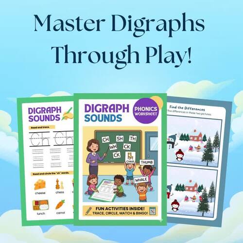 Fun Phonics Digraphs Bundle: Worksheets, Tracing & Class Bingo Game