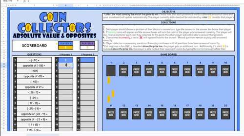 Absolute Value and Opposites Self Checking Digital Partner Game Activity