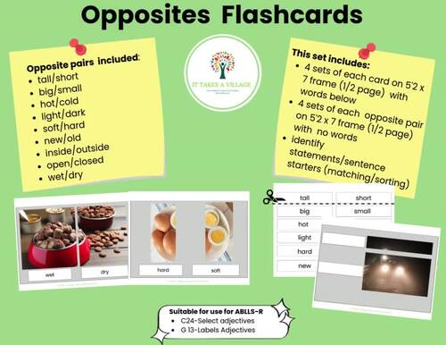 Opposites Flashcards Set 2-1/2 page size cards-9 pairs of opposites ...